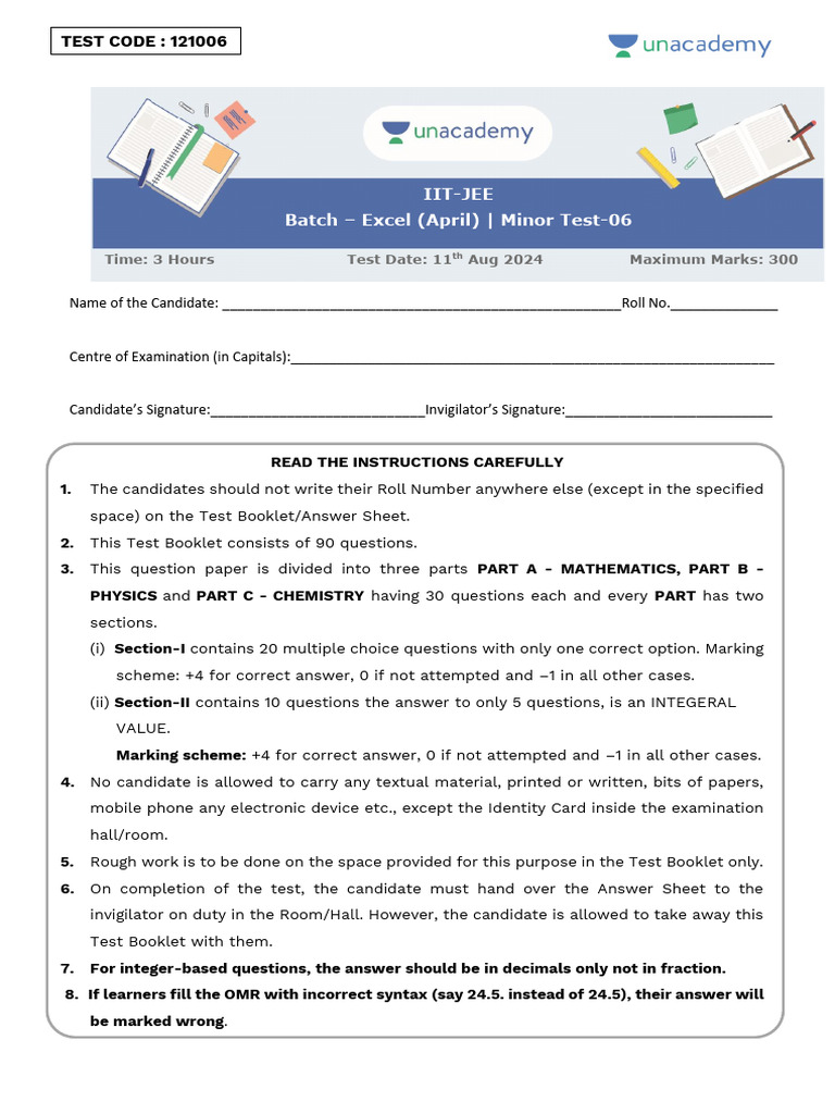 IIT-JEE Excel Minor Test 6 April 121006 Student Copy (11!08!2024) | PDF