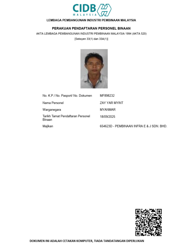 Cidb Slip - MF898232 Zay Yar Myint - Exp 18.09.2025 | PDF