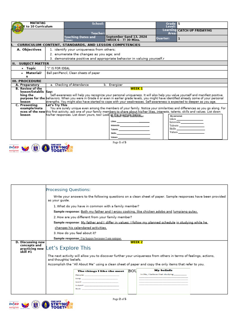 School: Grade Level: Teacher: Learning Area: Teaching Dates and Time ...