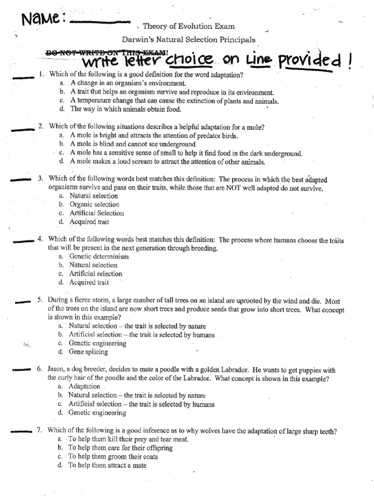 Darwin and Natural Selection Test | PDF