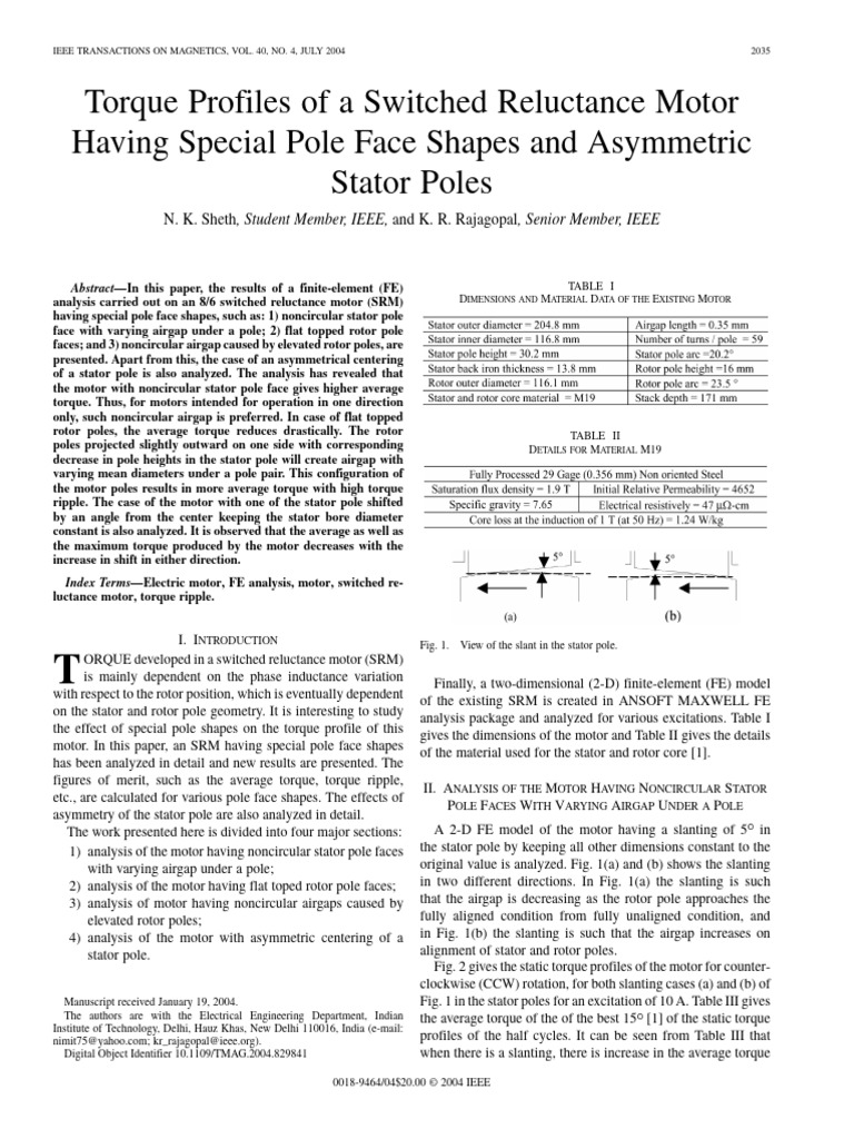 Torque Profiles of A Switched Reluctance Motor Having Special Pole Face ...