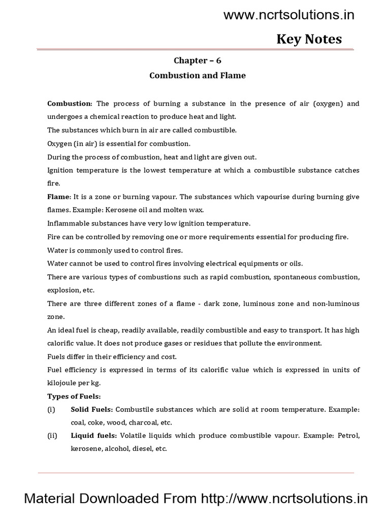 08 Science Key Notes CH 06 Combustion and Flame | PDF