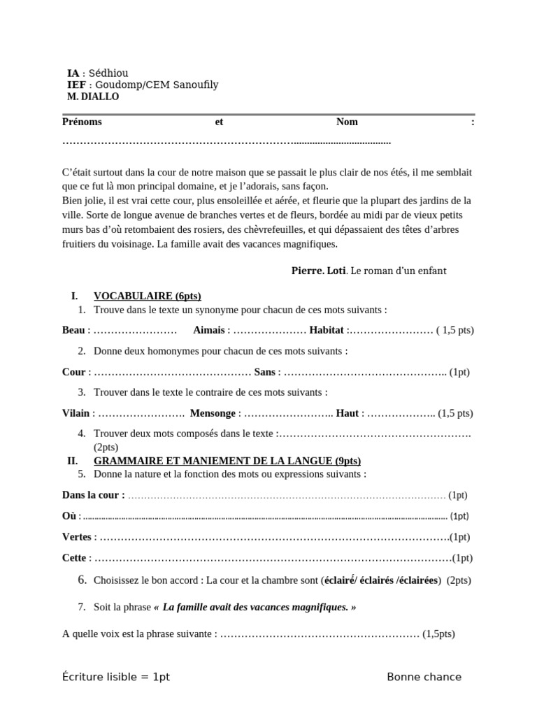 1er Devoir TSQ 6e Du Second Semestre | PDF