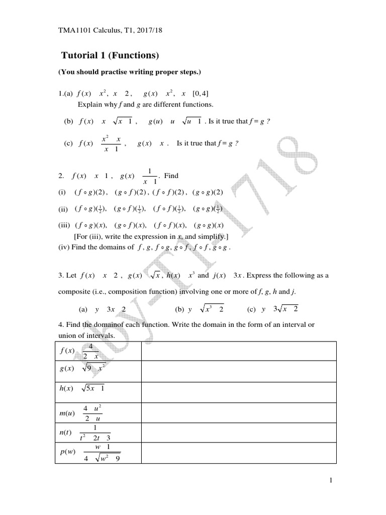 TMA1101 - Tutorial 01 - Functions | PDF