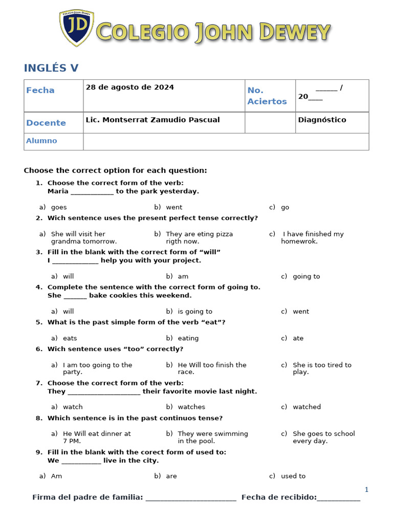 Examen Diagnostico Ingles 5o Grado | PDF
