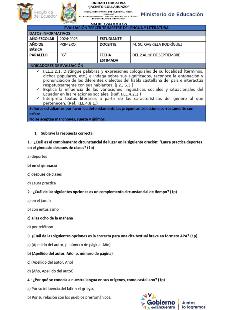 EVALUACIÓN DIAGNÓSTICA DE LENGUA Y LITERATURA 1RO BACHILLERATO ...