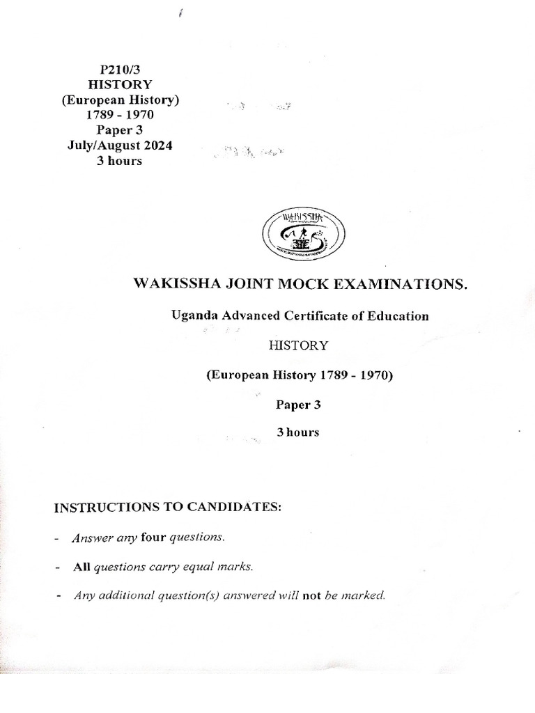 Wakissha Joint Mocks Examinations Uace 2103 History (European History ...
