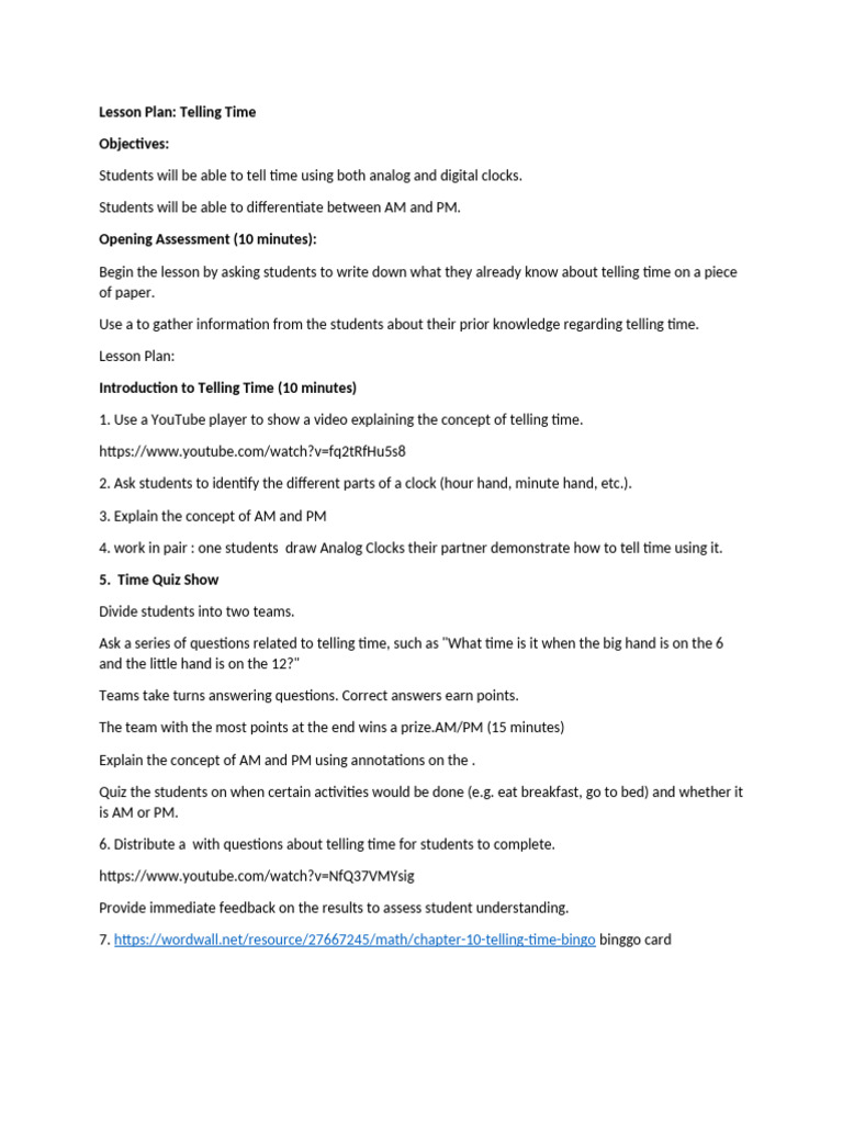 Lesson Plan Telling Time | PDF