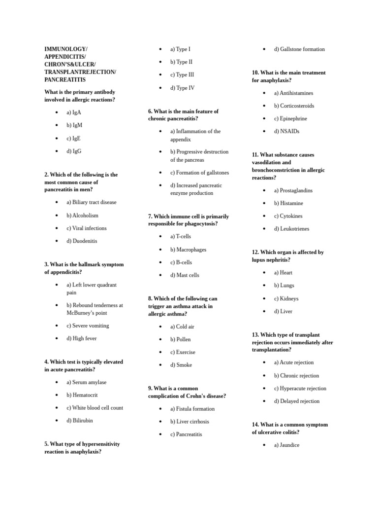 Immunology Appendicitis Chron's&ulcer Transplantrejection Pancreatitis Practicequestions ...