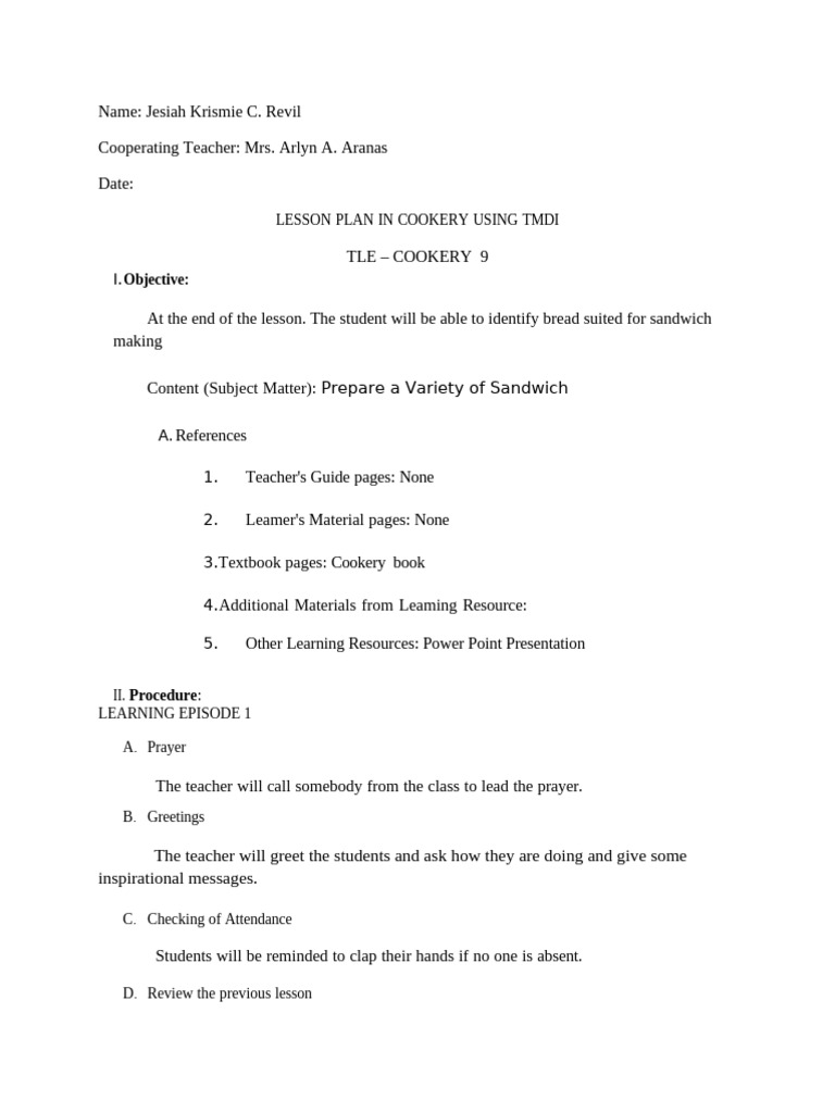 Lesson Plan - Bread Suited For Sandwiches-Cookery | PDF