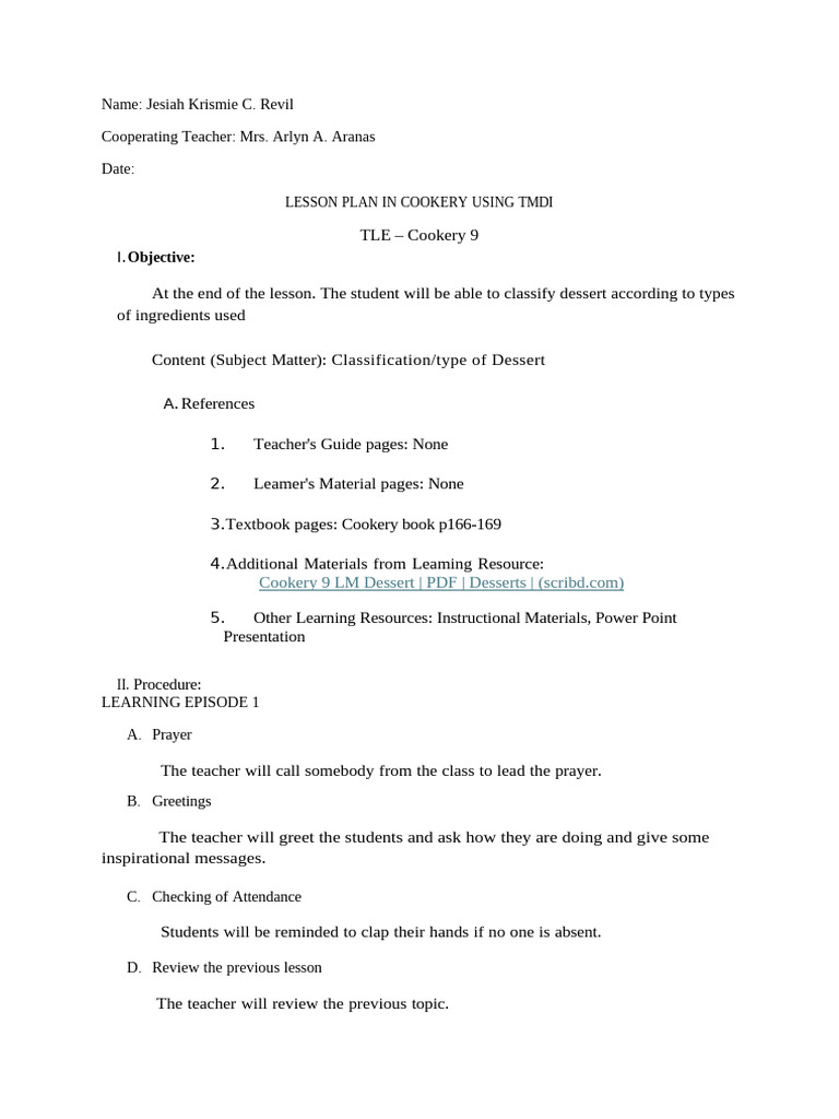 LESSON PLAN- CLASSIFICATION OF DESSERT- COOKERY | PDF