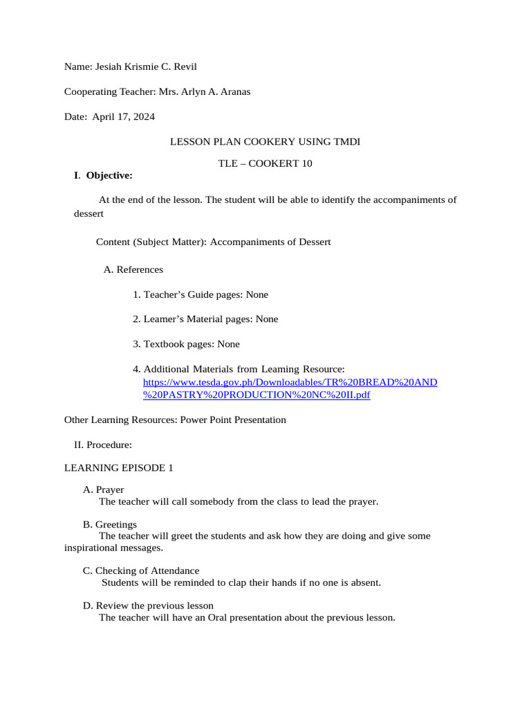 Lesson Plan - Accompaniments of Dessert - Cookery | PDF