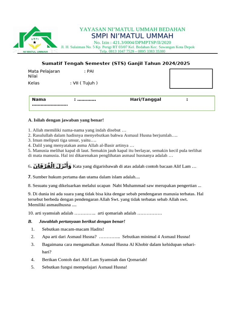 Soal PTS PAI Kelas 7 Semester 1 Tahun Pelajaran | PDF