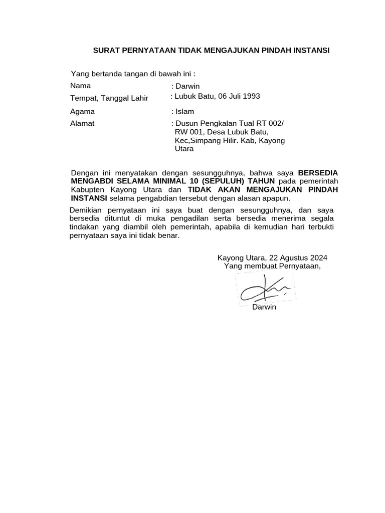 Surat Pernyataan Darwin 10 Tahun Cpns 2024 | PDF