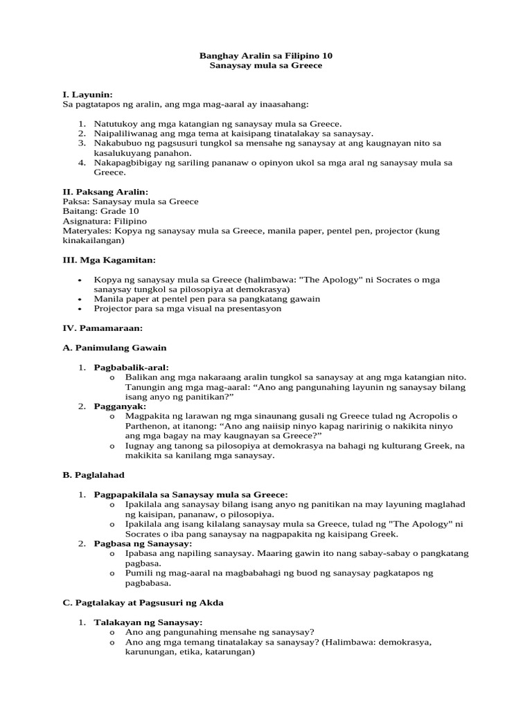 Banghay Aralin Sa Filipino 10 Sanaysay | PDF