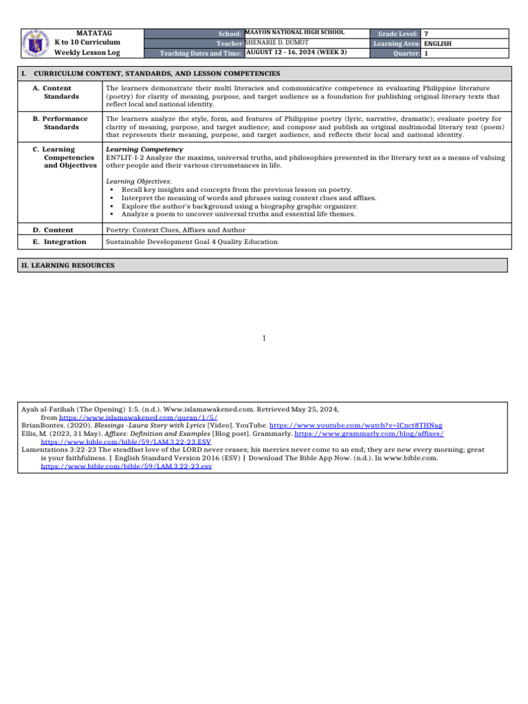 DLL Matatag - English 7 q1 w3 | PDF