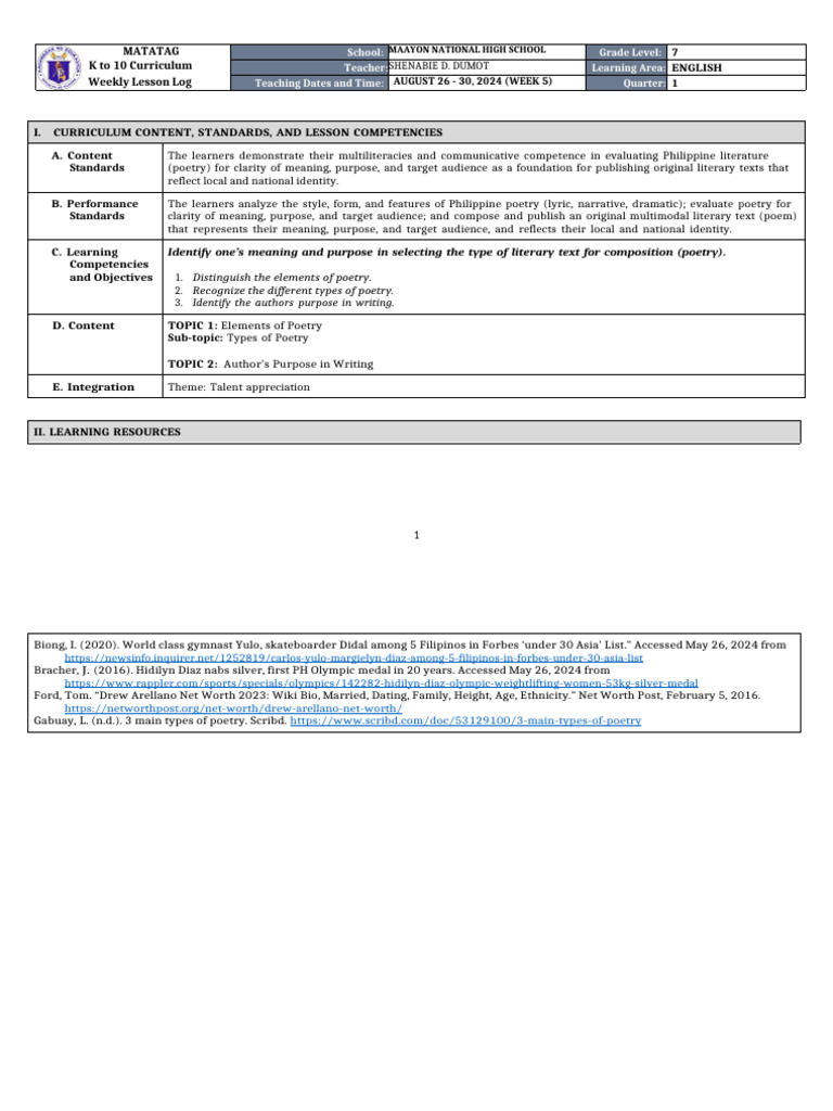 DLL Matatag - English 7 q1 w5 | PDF