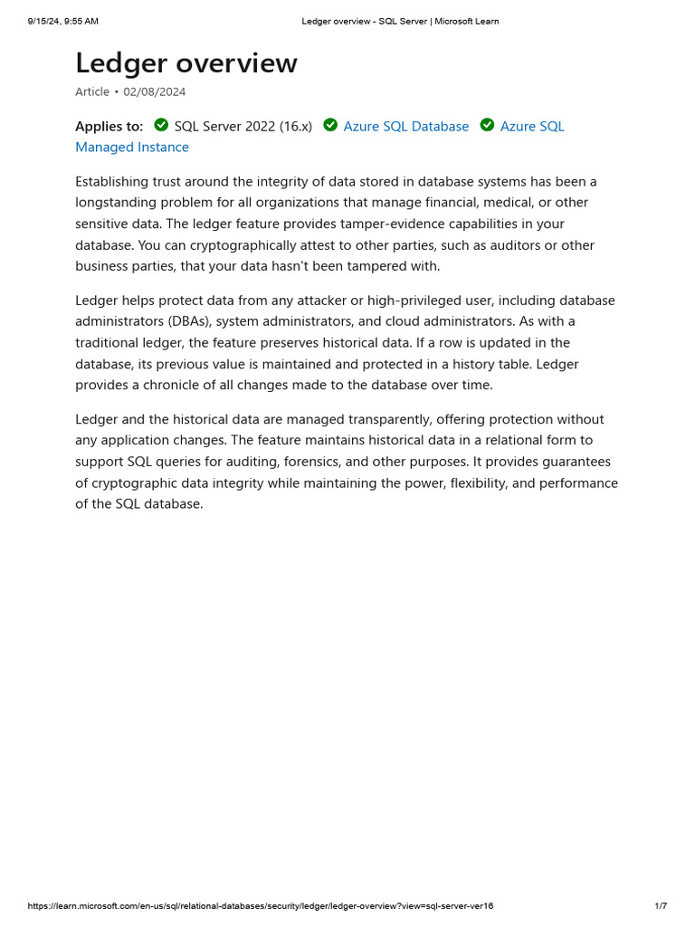 Ledger overview - SQL Server _ Microsoft Learn | PDF Ledger overview - SQL Server _ Microsoft Learn | PDF