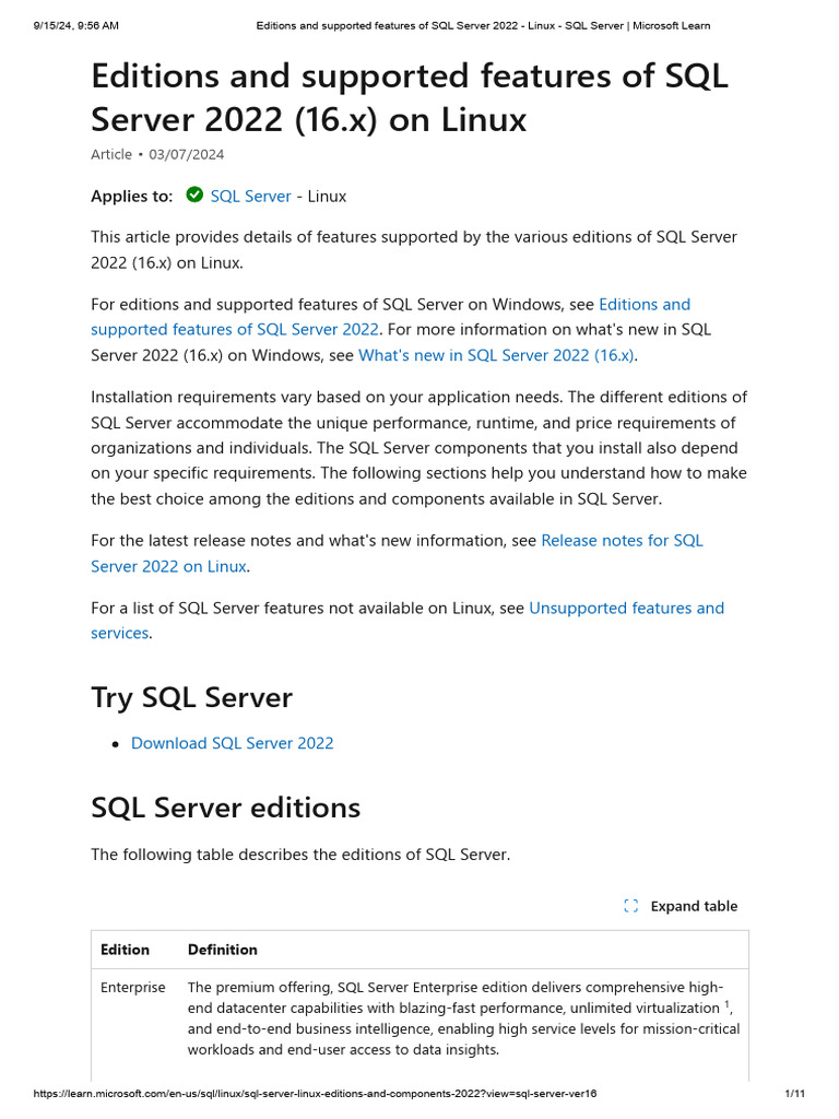 Editions and Supported Features of SQL Server 2022 - Linux - SQL Server - Microsoft Learn | PDF