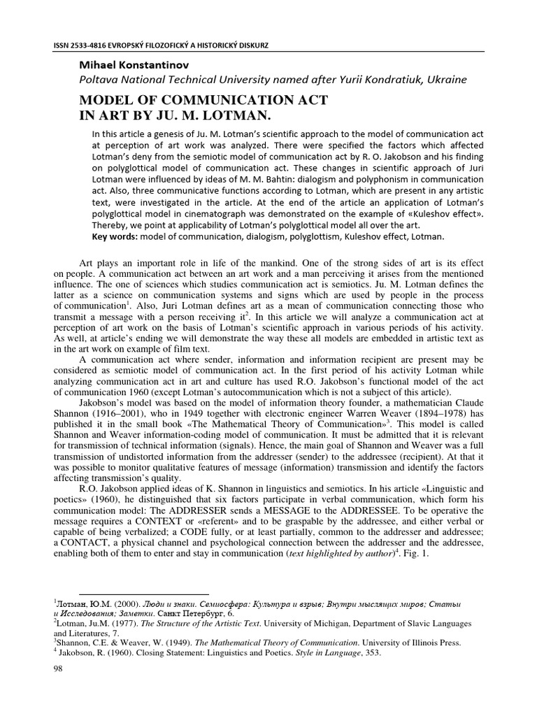Lotman's Communication Model in Art | PDF | Communication | Linguistics