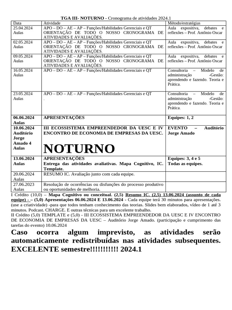 Cronograma 2024.1 TGA III NOTURNO | PDF