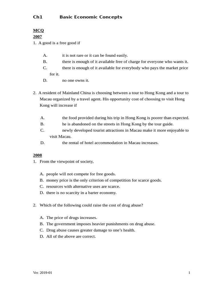 Ch.1 - Basic Economic Concepts (MCQ) | PDF