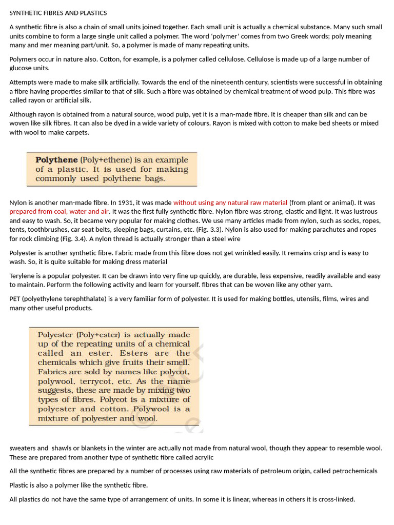 SYNTHETIC FIBRES AND PLASTICS Class 8 Chap 3 | PDF