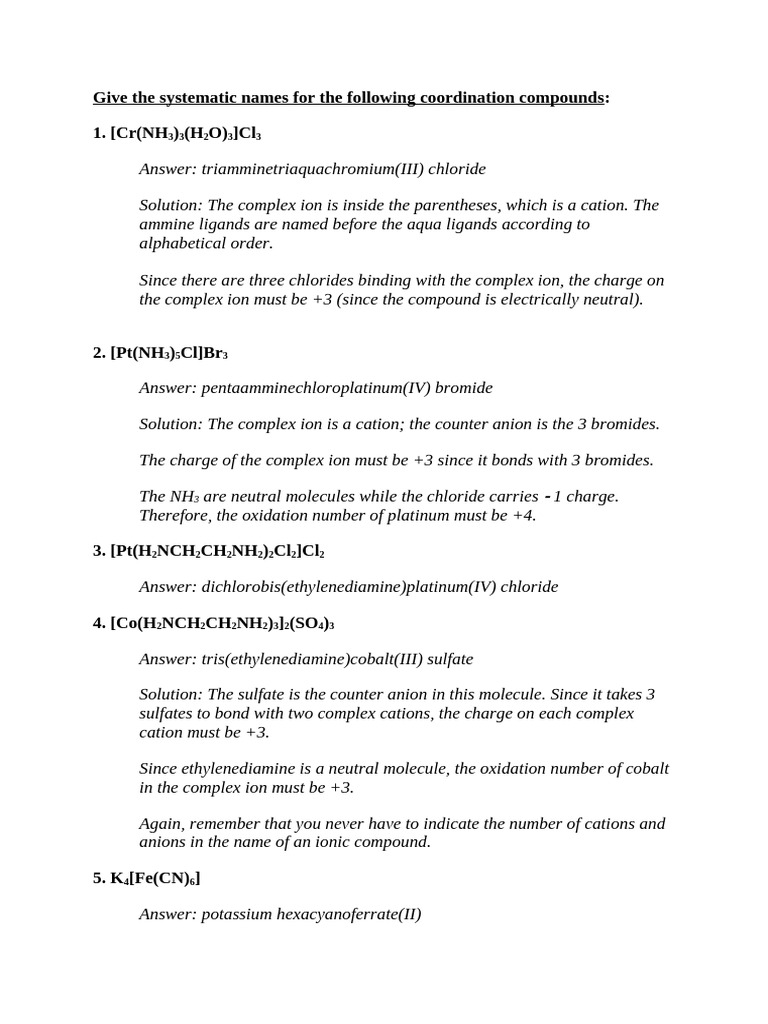 Exercise For Iupac Nomeclature Of Complexes Pdf