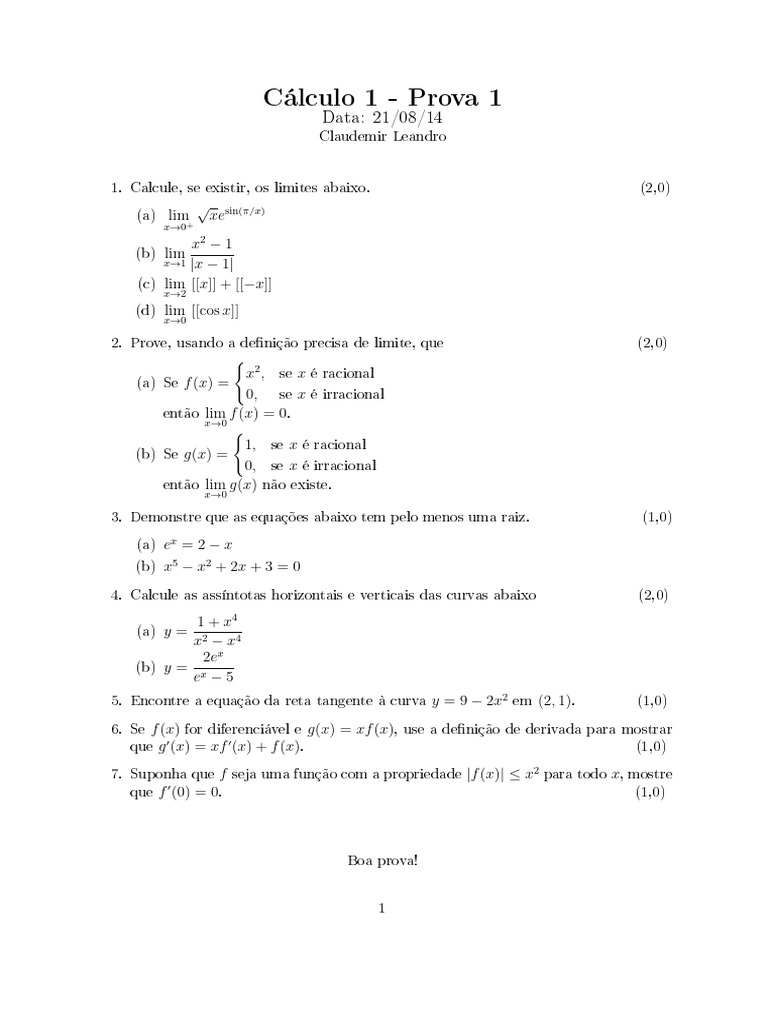 Cal 1 Prova 1 | PDF