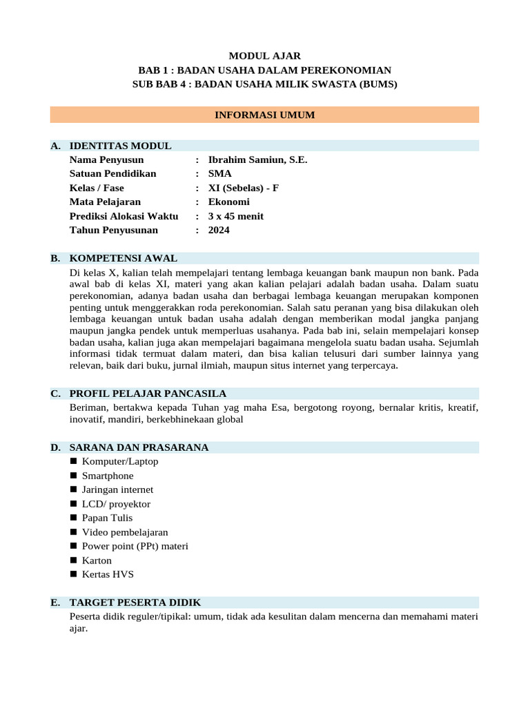 Ekonomi 11 Bab 1 - Badan Usaha Dalam Perekonomian | PDF