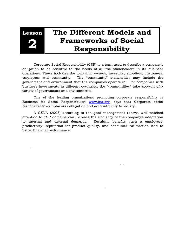 Business Ethics q4 Topic 3 Different Models and Frameworks of Social ...