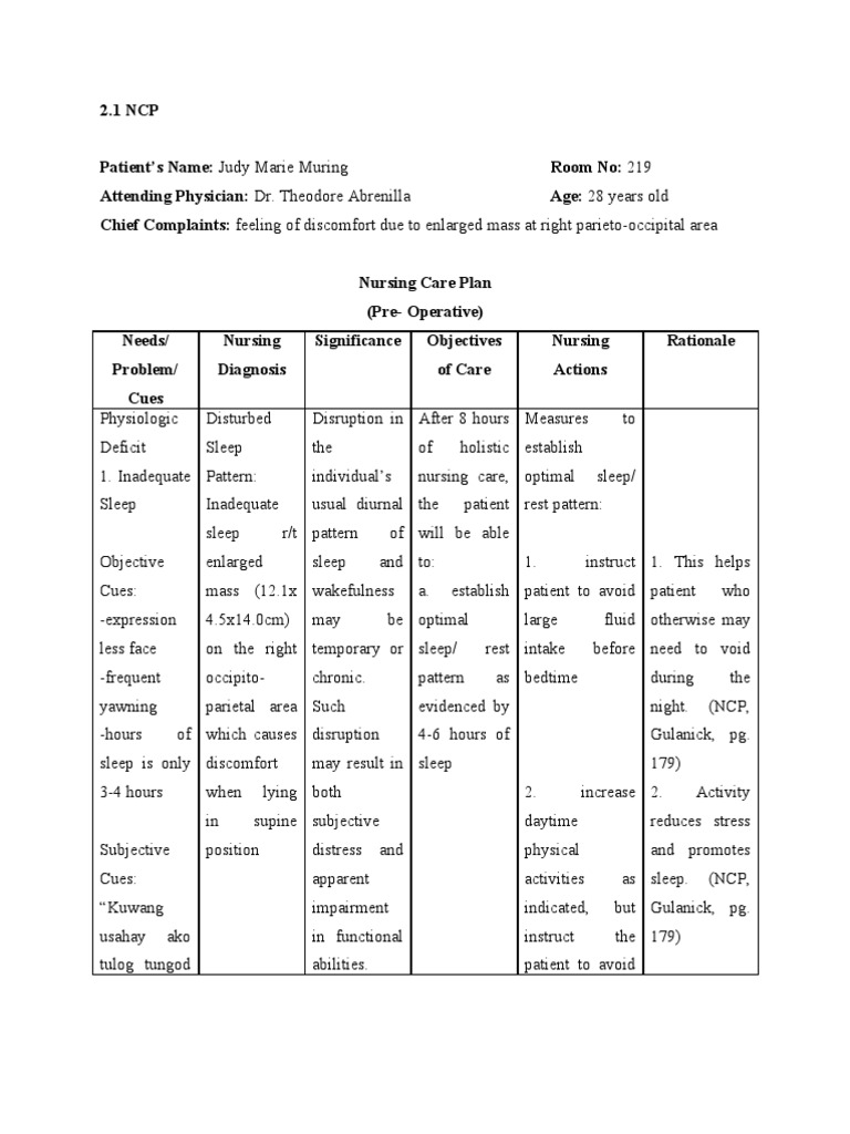 Preoperative Nursing Care Plan for Patient | PDF | Sleep | Relaxation ...