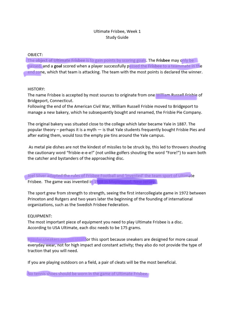 Ultimate Frisbee, Week 1, Study Guide | PDF