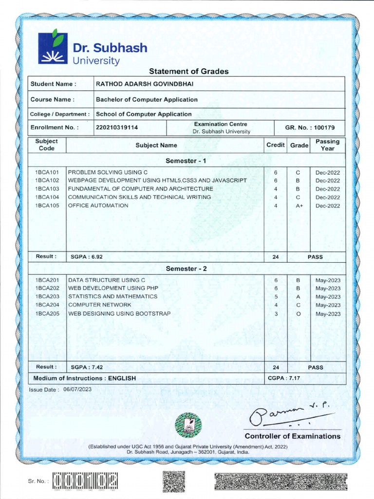 Bca 1st Year Marksheet-3727 | PDF