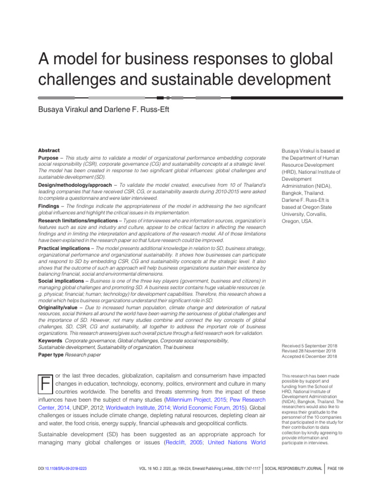 A Model For Business Responses To Global Challenge and Sustainable ...