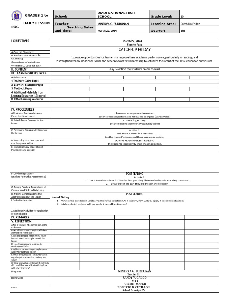 DLL Catch Up Friday March 22 2024 1 | PDF | Learning | Teachers