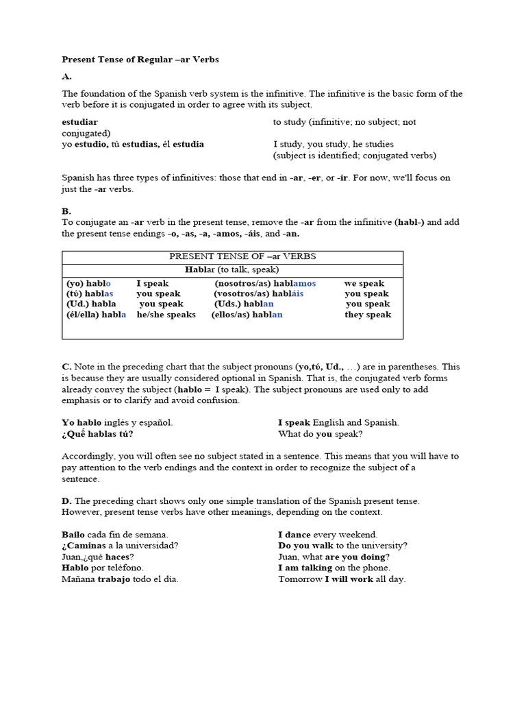 Present Tense of Regular Ar Verbs | PDF