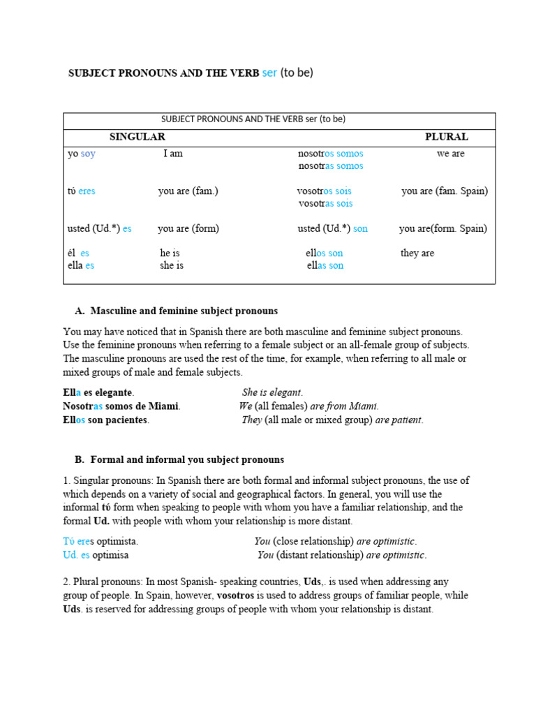 Tema Subject Pronouns and The Verb Ser To Be | PDF