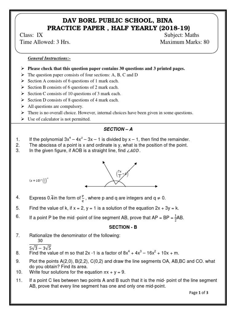 9th Maths Half Yearly Exam 2018 - 2019 Sample Paper Dav Bina-1 | PDF