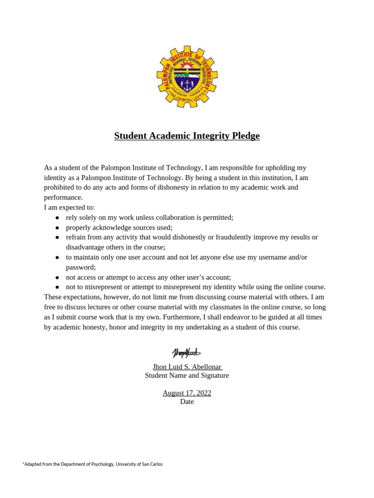 Abellonar Jhon Luid, PIT - Student Academic Integrity Pledge ...