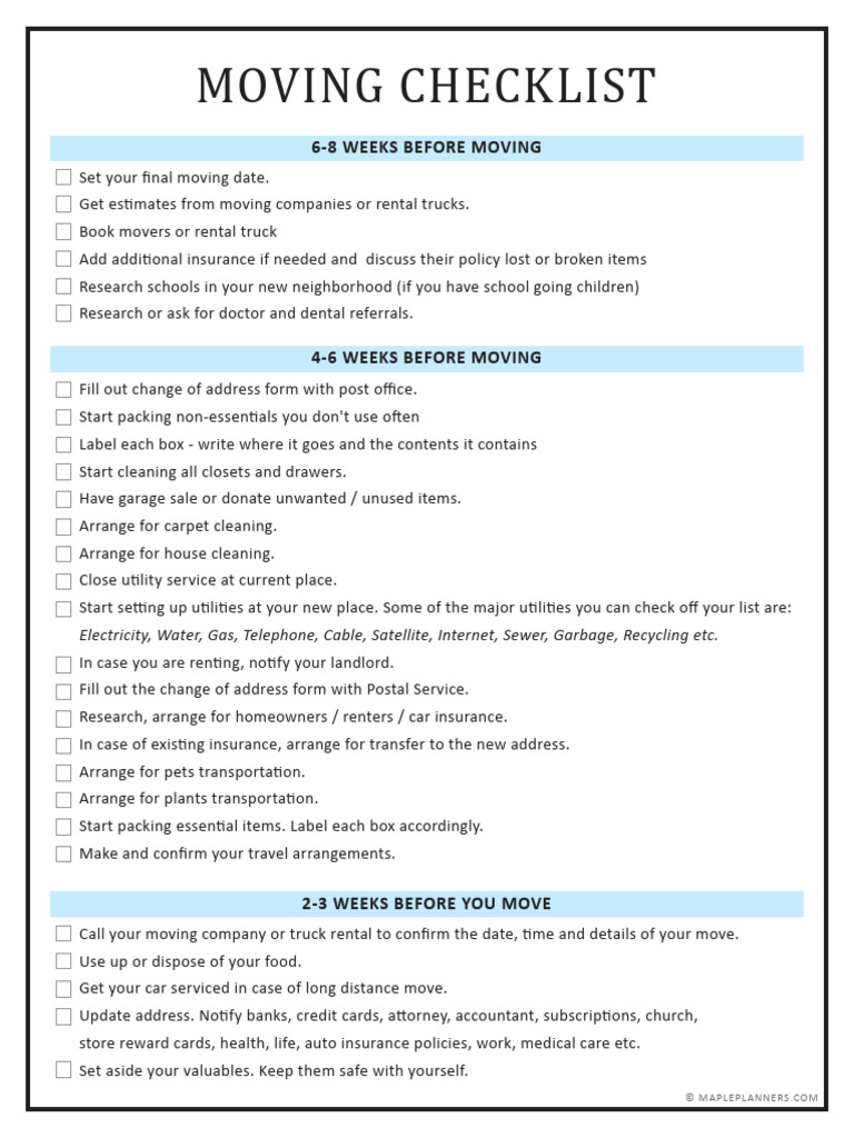 Moving Checklist by Maple Planners | PDF