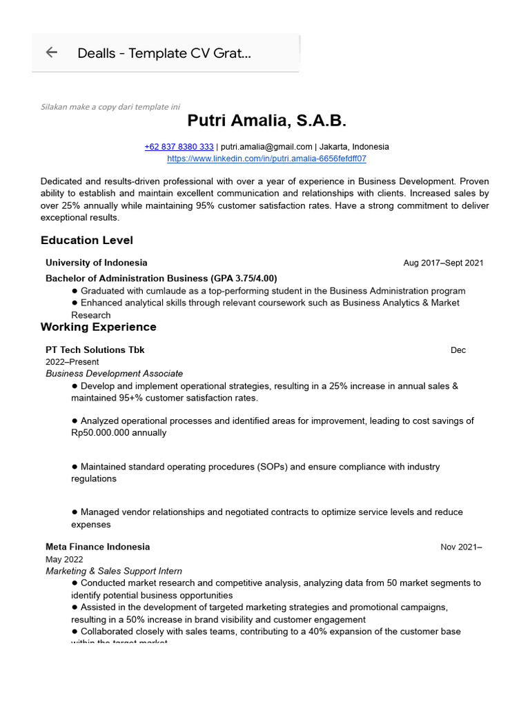 Dealls - Template CV Gratis (Make A Copy) | PDF | Marketing | Business