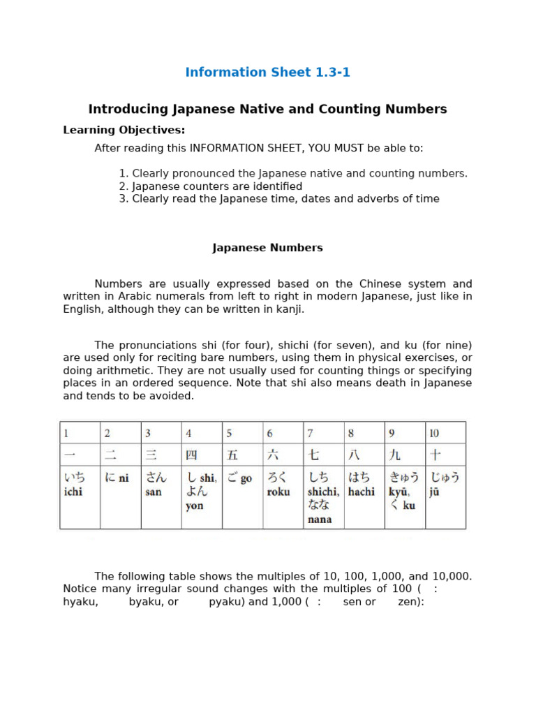 Introducing Japanese Native and Counting Numbers | PDF
