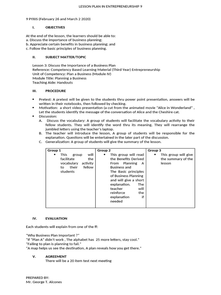 Lesson Plan in Entrepreneurship 9 Feb 26 and March 2 | PDF