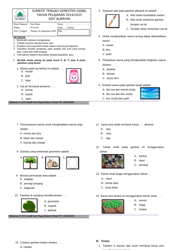Soal STS Seni Rupa KLS 2 Fix | PDF