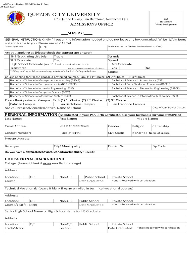 Ao1 2024 Qcu Student Application Form For Admission | PDF