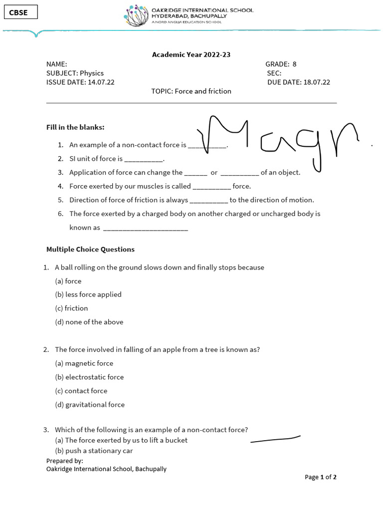 Grade 8 Physics: Force & Friction Quiz | PDF | Force | Friction