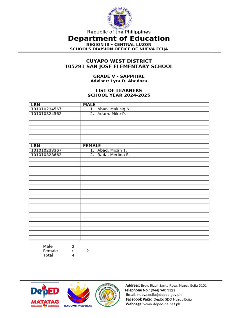 LIST-OF-LEARNER-PER-CLASS - V - Sapphire | PDF