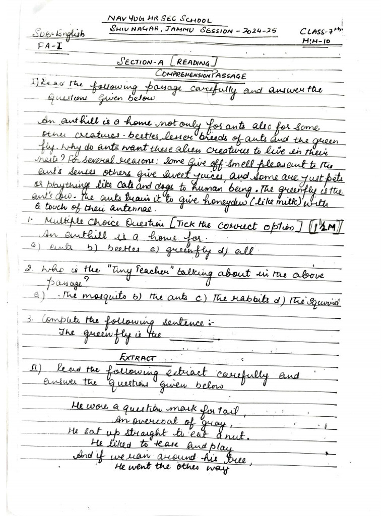 7th Class English FA1 | PDF