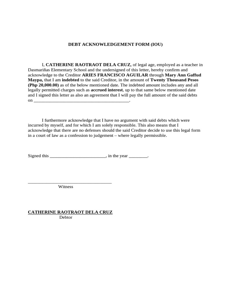 Debt Acknowledgment Form Sample | PDF